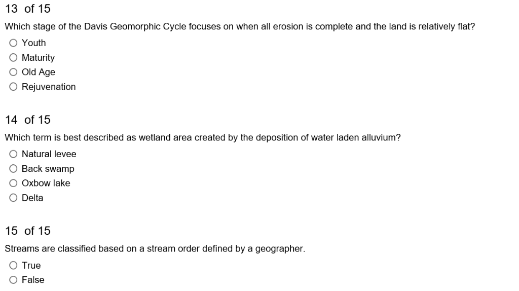 Solved 13 of 15 Which stage of the Davis Geomorphic Cycle | Chegg.com