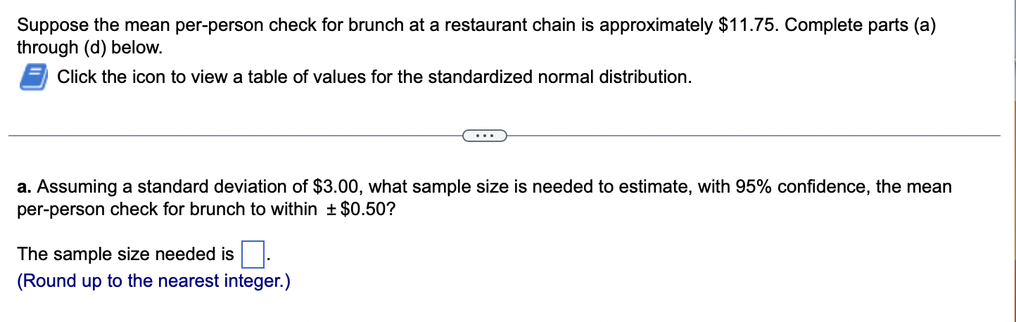 Solved Suppose the mean per-person check for brunch at a | Chegg.com