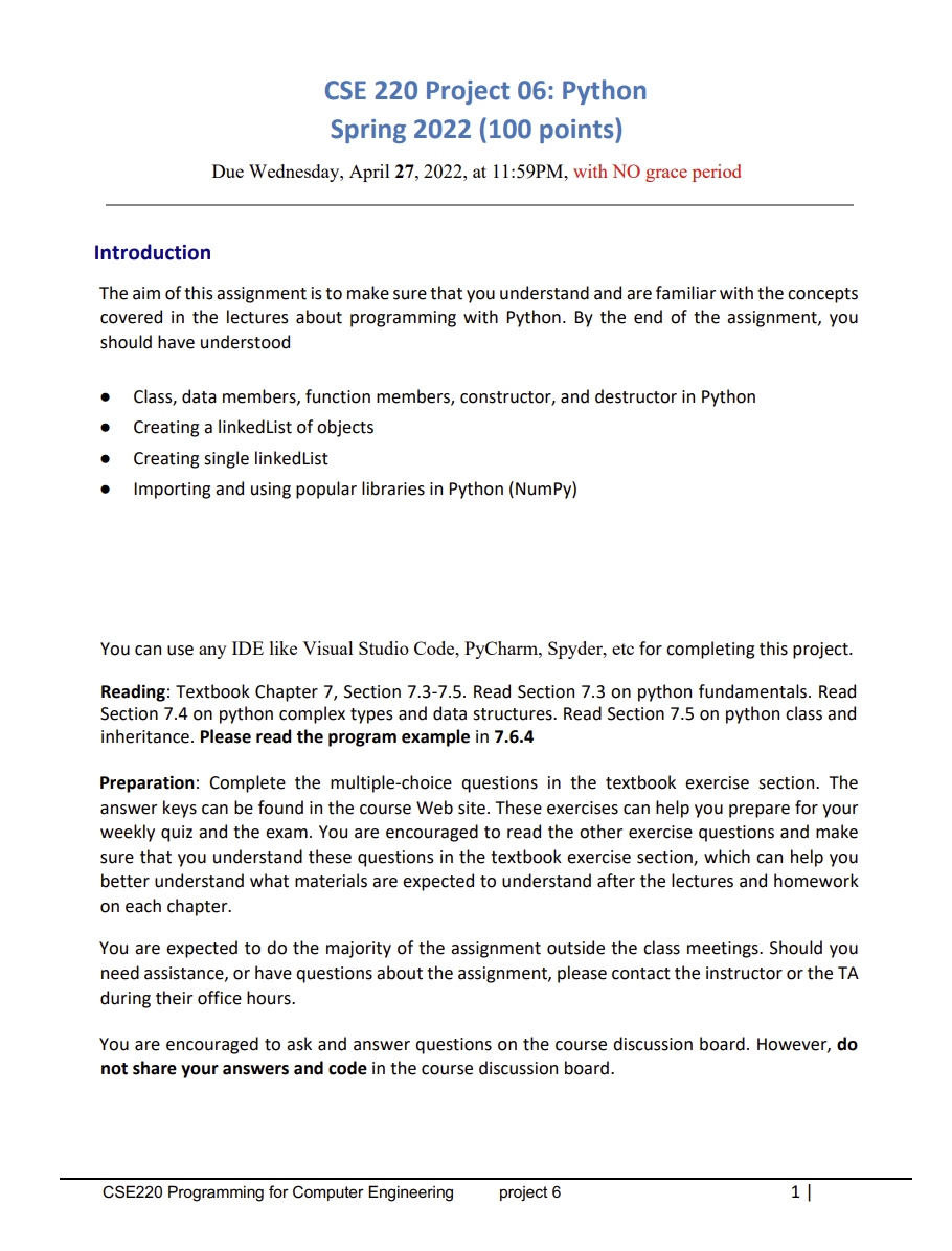 CSE 220 Project 06: Python Spring 2022 (100 points) | Chegg.com