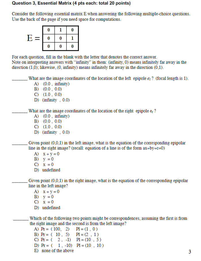 Solved Question 3, Essential Matrix (4 pts each: total 20 | Chegg.com