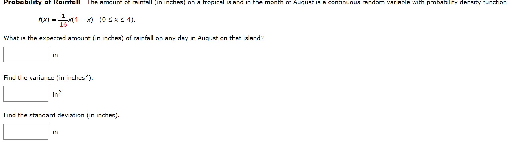 Solved Probability of Rainfall The amount of rainfall (in | Chegg.com