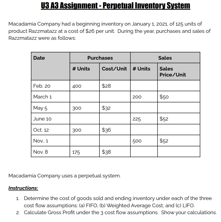 Solved U3 A3 Assignment - Perpetual Inventory System | Chegg.com