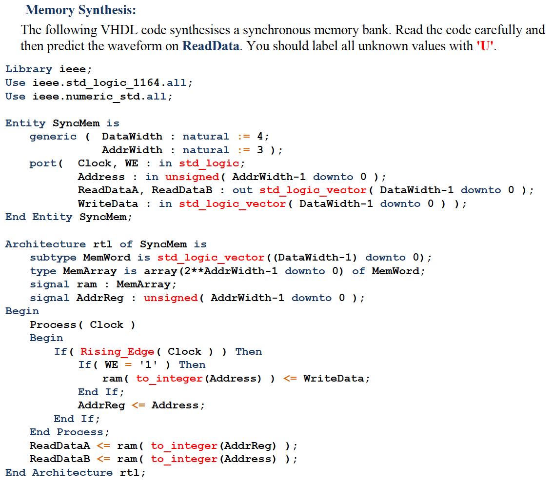 Solved Memory Synthesis: The following VHDL code synthesises | Chegg.com