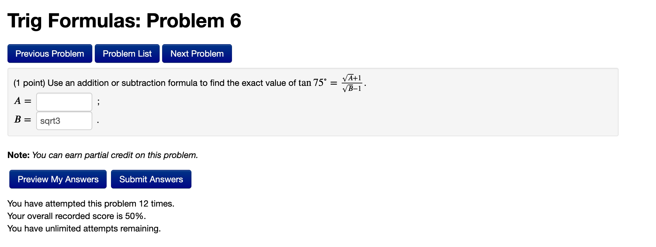 Solved Trig Formulas: Problem 6 Previous Problem Problem | Chegg.com