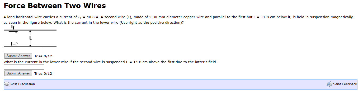 Solved Force Between Two Wires A long horizontal wire | Chegg.com