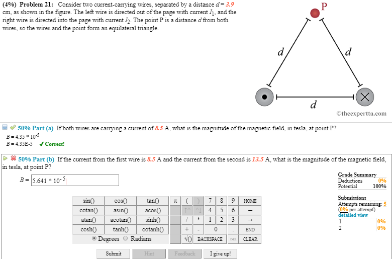 Solved (4%) Problem 21: Consider two current-carrying wires, | Chegg.com