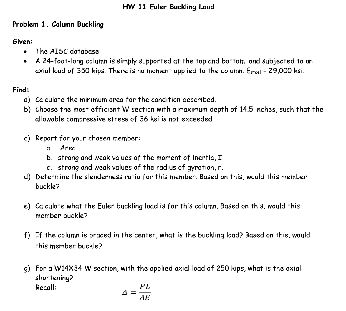 Solved by an EXPERT HW 11 ﻿Euler Buckling LoadProblem 1. ﻿Column | Chegg.com