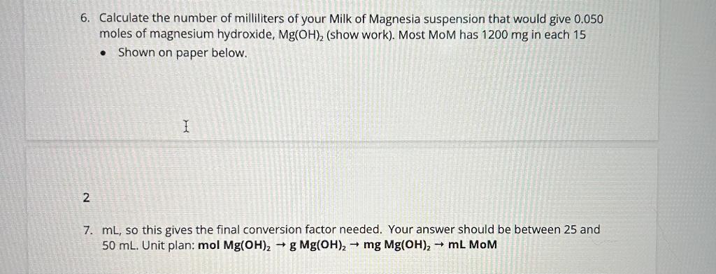 Solved 6. Calculate the number of milliliters of your Milk | Chegg.com