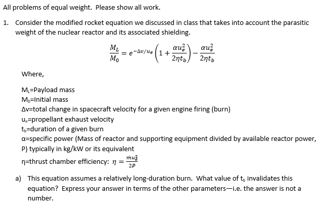 Solved All problems of equal weight. Please show all work. | Chegg.com
