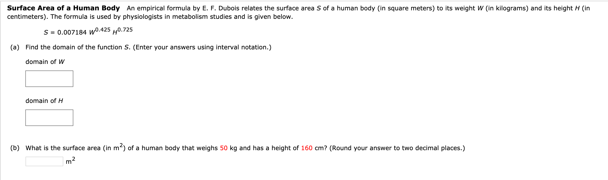 Solved Surface Area of a Human Body An empirical formula by | Chegg.com