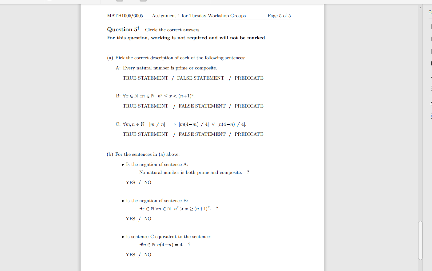 Solved Q MATH1005/6005 Assignment 1 for Tuesday Workshop | Chegg.com