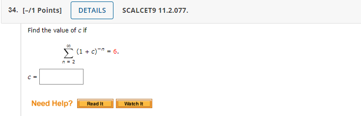 Solved -/1 Points] SCALCET9 11.2.077. Find the value of c | Chegg.com