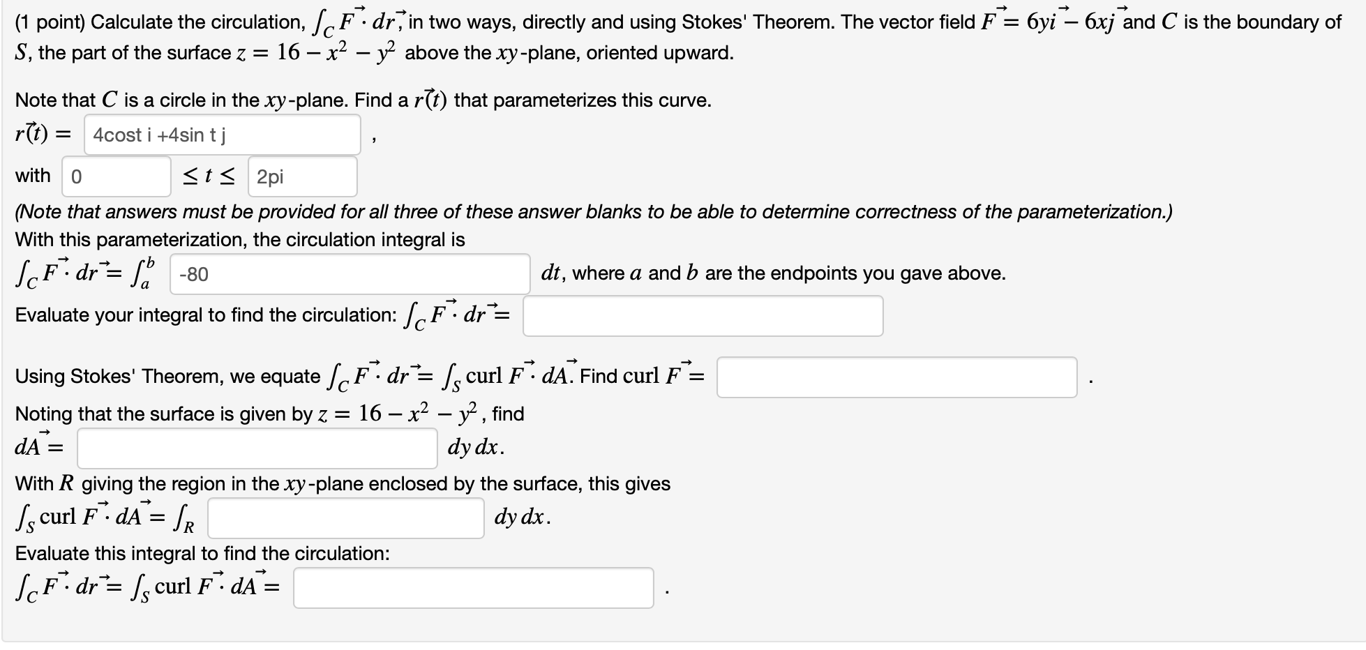 Solved (1 point) Calculate the circulation, ScF. dr, in two | Chegg.com