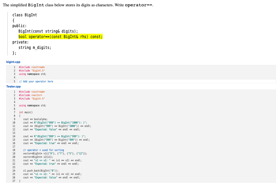Solved The simplified BigInt class below stores its digits | Chegg.com