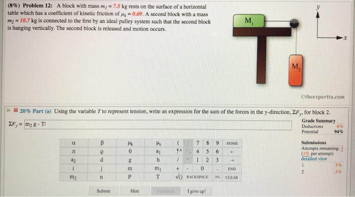 Solved (8%) Problem 12: A block with mass m1-75 kg rests on | Chegg.com