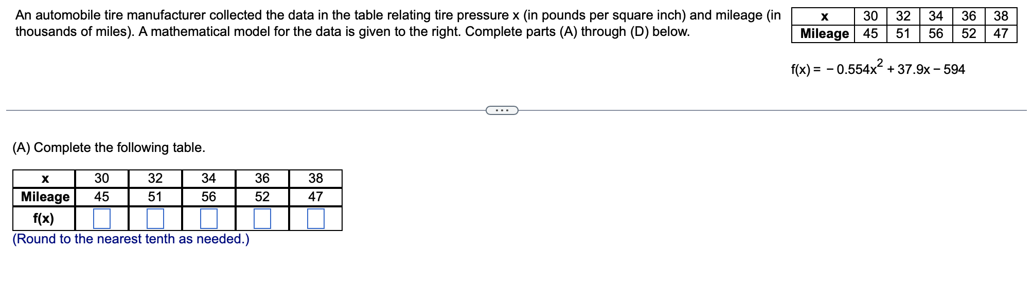 Solved An automobile tire manufacturer collected the data in | Chegg.com