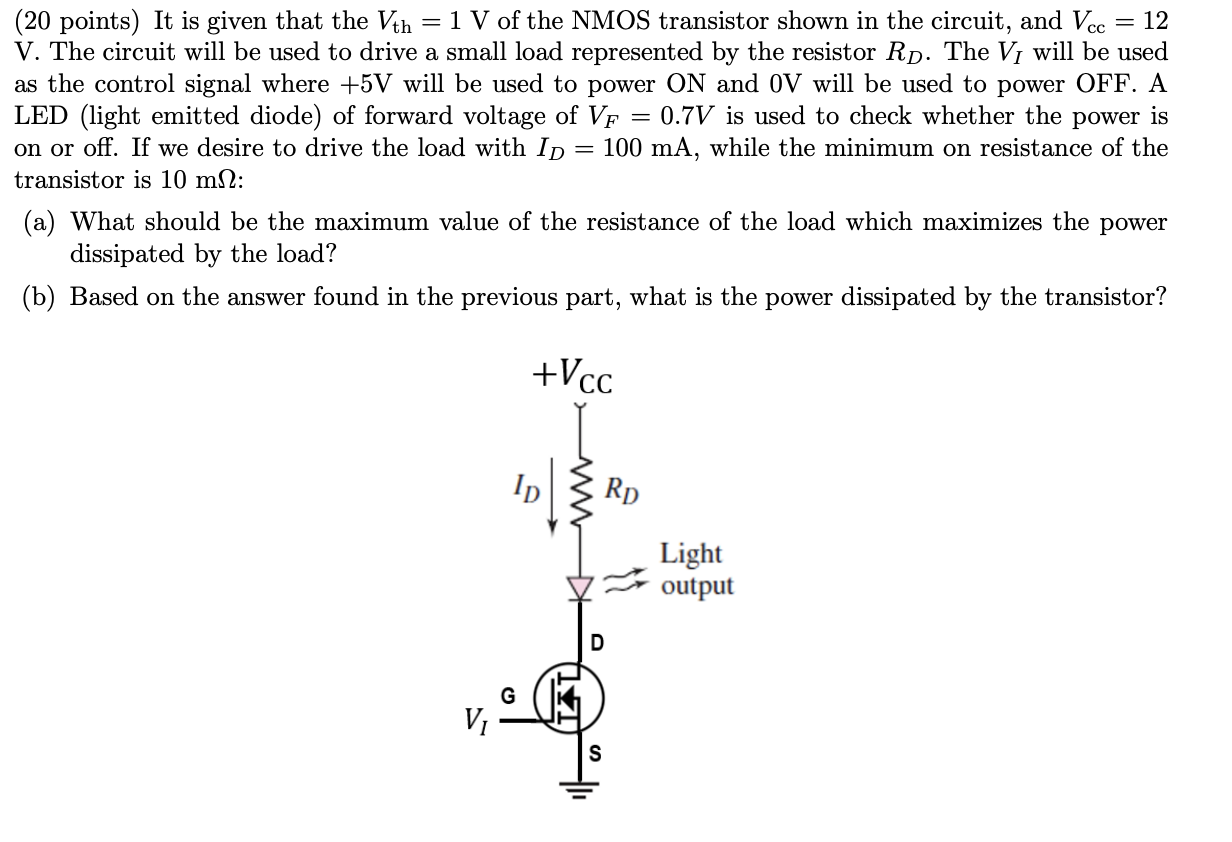 Solved (20 points) It is given that the Vth = 1 V of the | Chegg.com