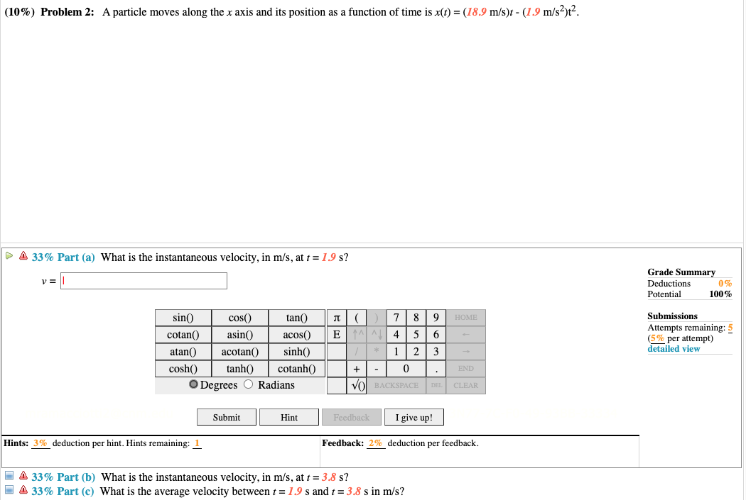 Solved (10%) Problem 2: A particle moves along the x axis | Chegg.com