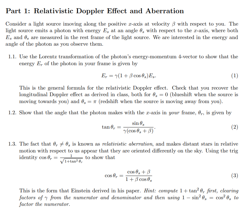 Solved Part 1: Relativistic Doppler Effect and Aberration | Chegg.com