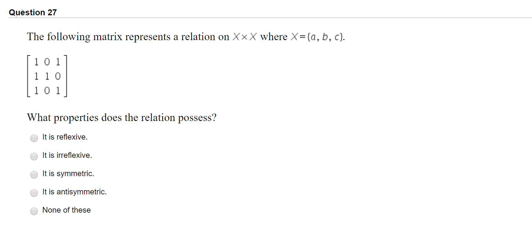 Solved Question 27 The following matrix represents a | Chegg.com