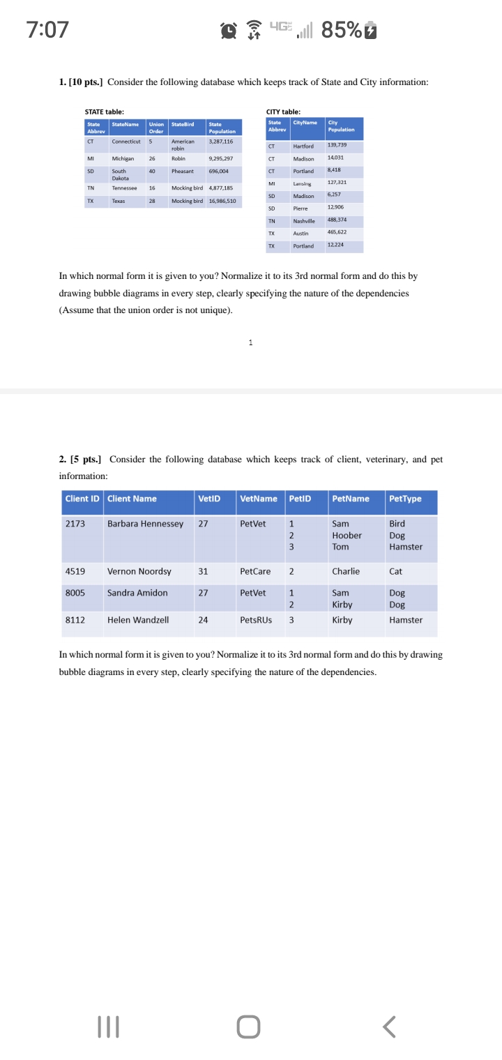 Solved 1. [10 pts.] Consider the following database which | Chegg.com