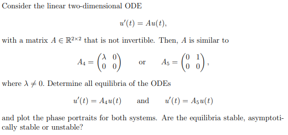 Solved Consider the linear two-dimensional ODE u'(t) = | Chegg.com