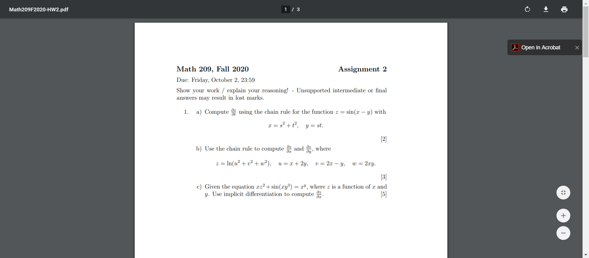Solved Math209F2020-HW2.pdf 1 / 3 Open in Acrobat Math 209, | Chegg.com
