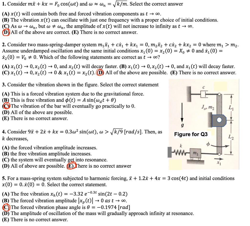 Solved 1. Consider mx¨+kx=F0cos(ωt) and ω≈ωn=k/m. Select the | Chegg.com