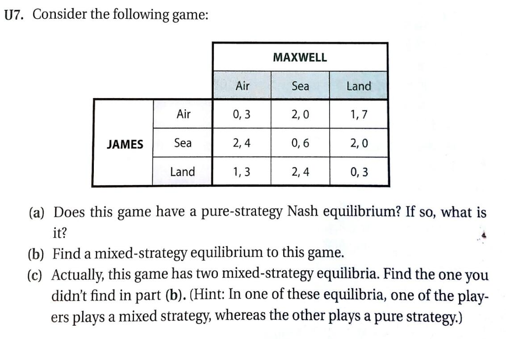 Solved U7. Consider the following game: MAXWELL Sea 2,0 0, 6 | Chegg.com