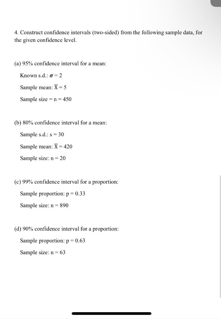 Solved 4. Construct confidence intervals (two-sided) from | Chegg.com