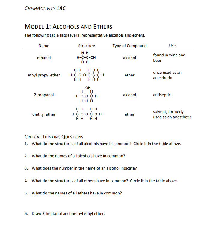 Solved Model 1: AlCOHOLS AND ETHERS The following table | Chegg.com