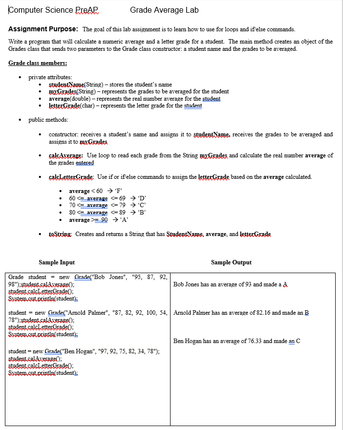 Solved |Computer Science PreAP Grade Average Lab Assignment | Chegg.com