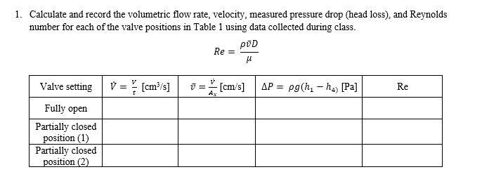 Solved 1. Calculate and record the volumetric flow rate, | Chegg.com