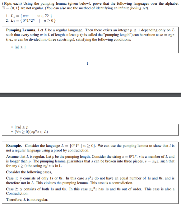Solved (10pts each) Using the pumping lemma (given below), | Chegg.com