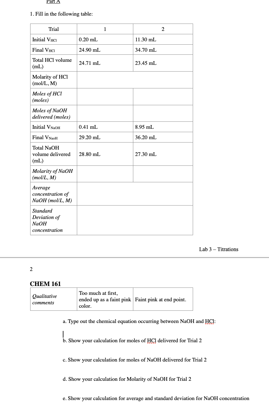 1. Fill in the following table: Lab 3 - Titrations 2 | Chegg.com