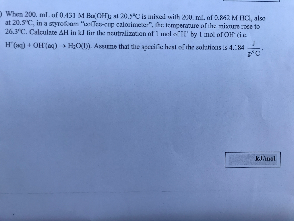 Solved When 200. mL of 0.431 M Ba(OH)2 at 20.5°C is mixed | Chegg.com