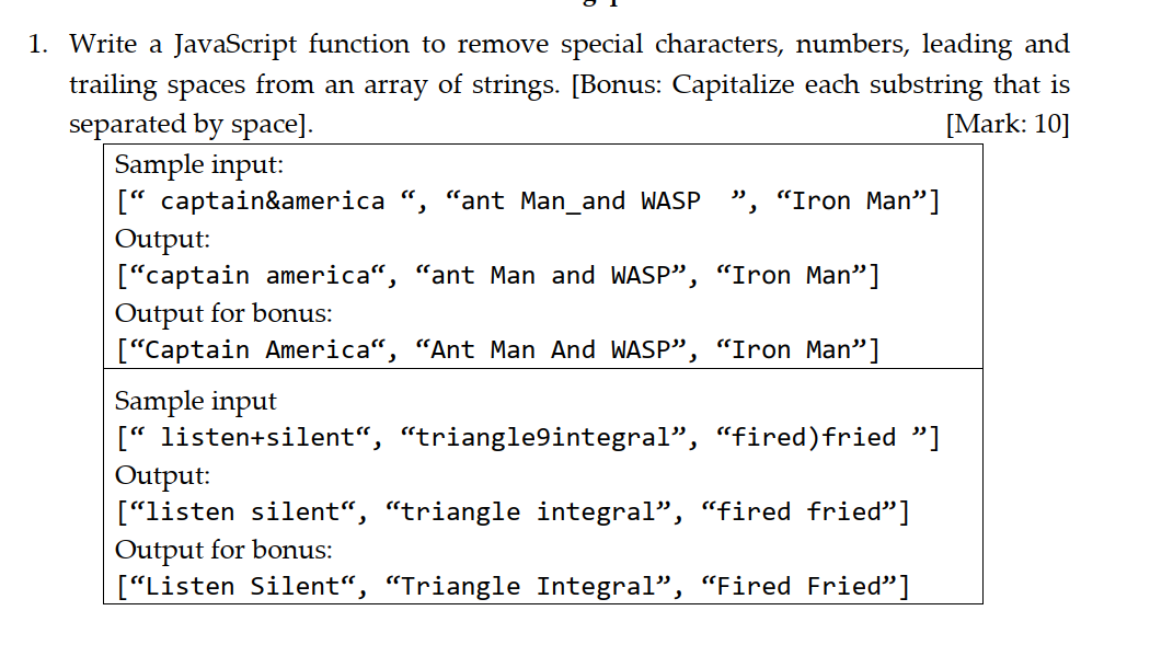 Solved " 1. Write a JavaScript function to remove special | Chegg.com