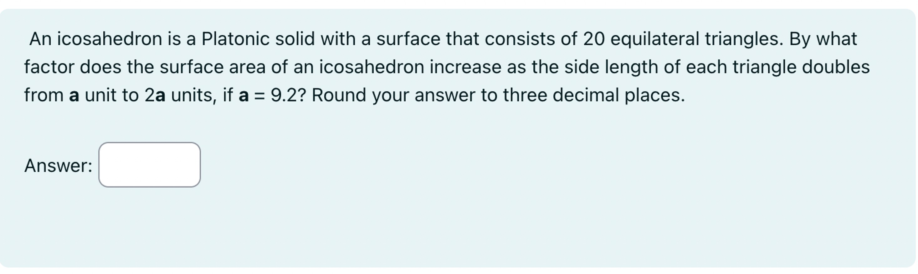 Solved An icosahedron is a Platonic solid with a surface | Chegg.com