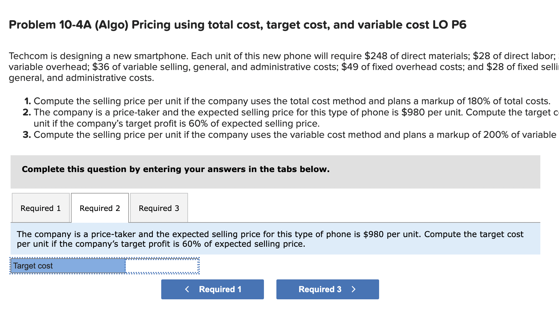 Solved Problem 10-4A (Algo) Pricing using total cost, target | Chegg.com