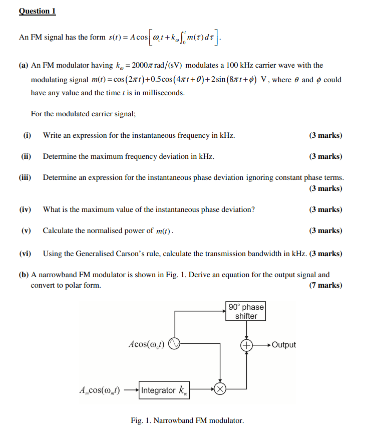 Solved Question 1 An FM signal has the form s(t) = (a) An FM | Chegg.com