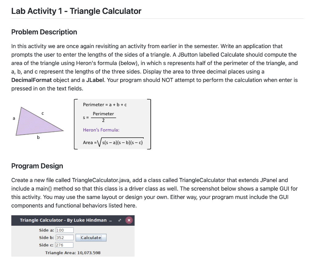 Solved Lab Activity 1- Triangle Calculator Problem | Chegg.com