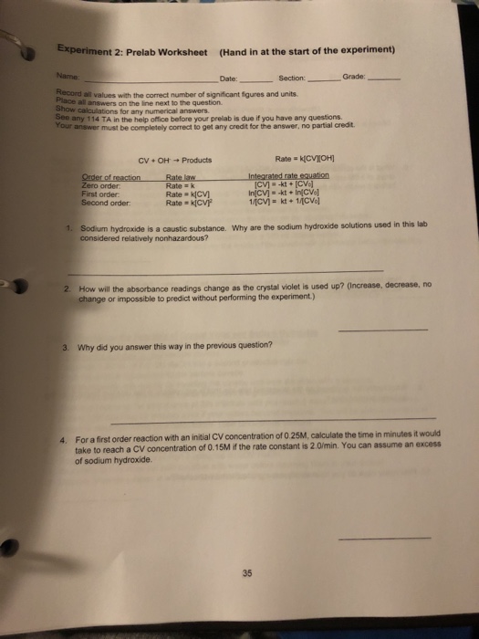Experiment 2: Prelab Worksheet (Hand in at the start | Chegg.com