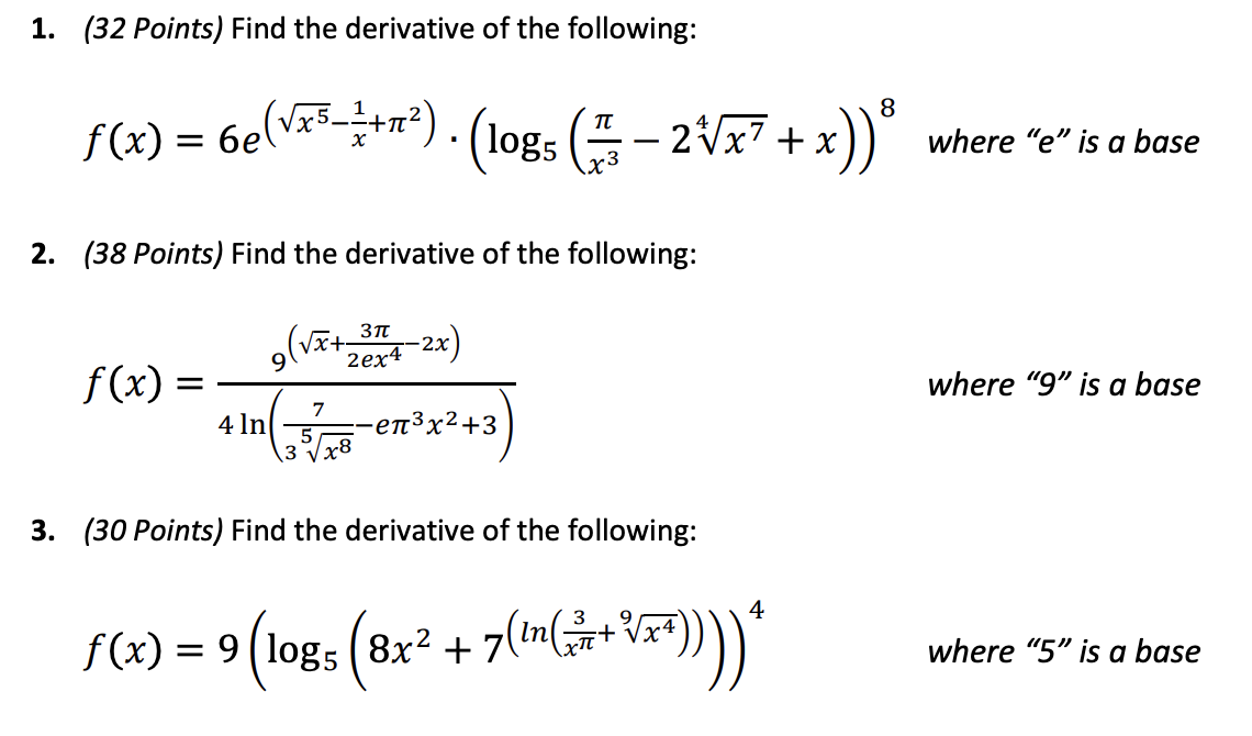 Solved (32 ﻿Points) ﻿Find the derivative of the | Chegg.com