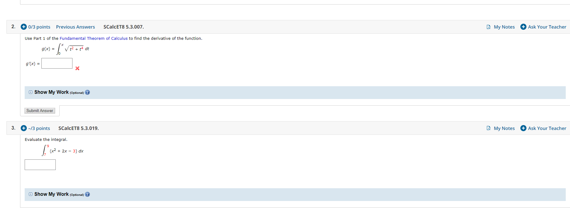 Solved 2. 0/3 points Previous Answers SCalcET8 5.3.007. My | Chegg.com