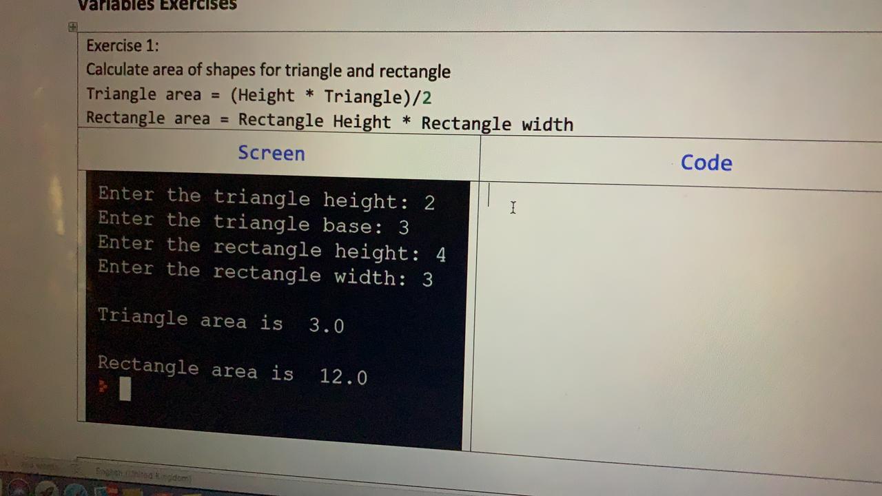 variables Exercises Exercise 1: Calculate area of | Chegg.com