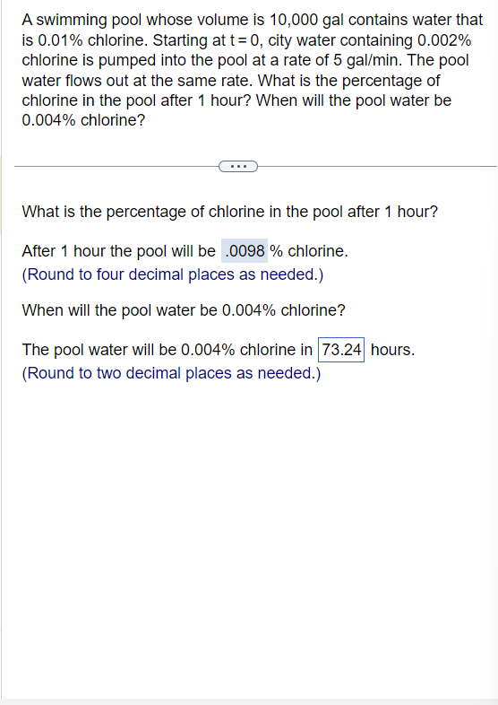 Solved A swimming pool whose volume is 10,000gal contains | Chegg.com