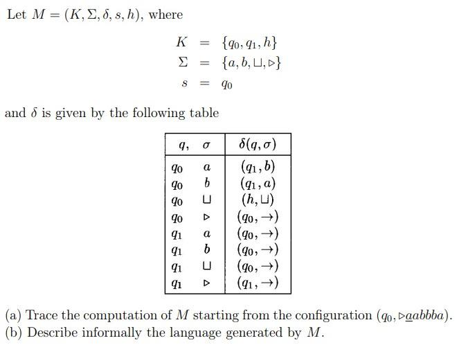 Solved Let M = (K, 9, 8, s, h), where K Σ {90,91, h} {a,b, | Chegg.com
