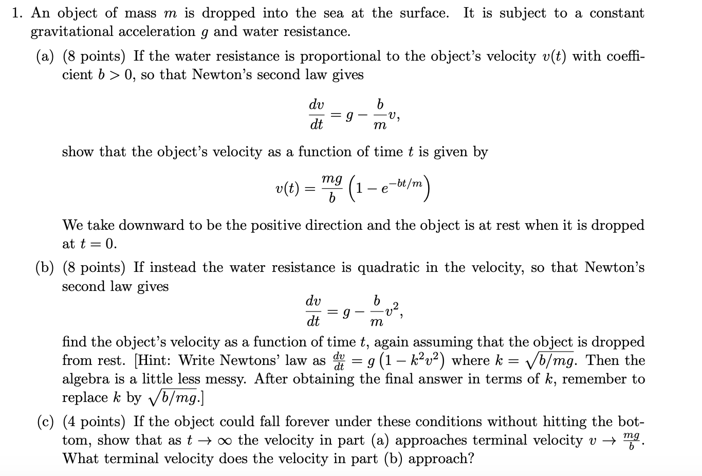 Solved 1. An object of mass m is dropped into the sea at the | Chegg.com