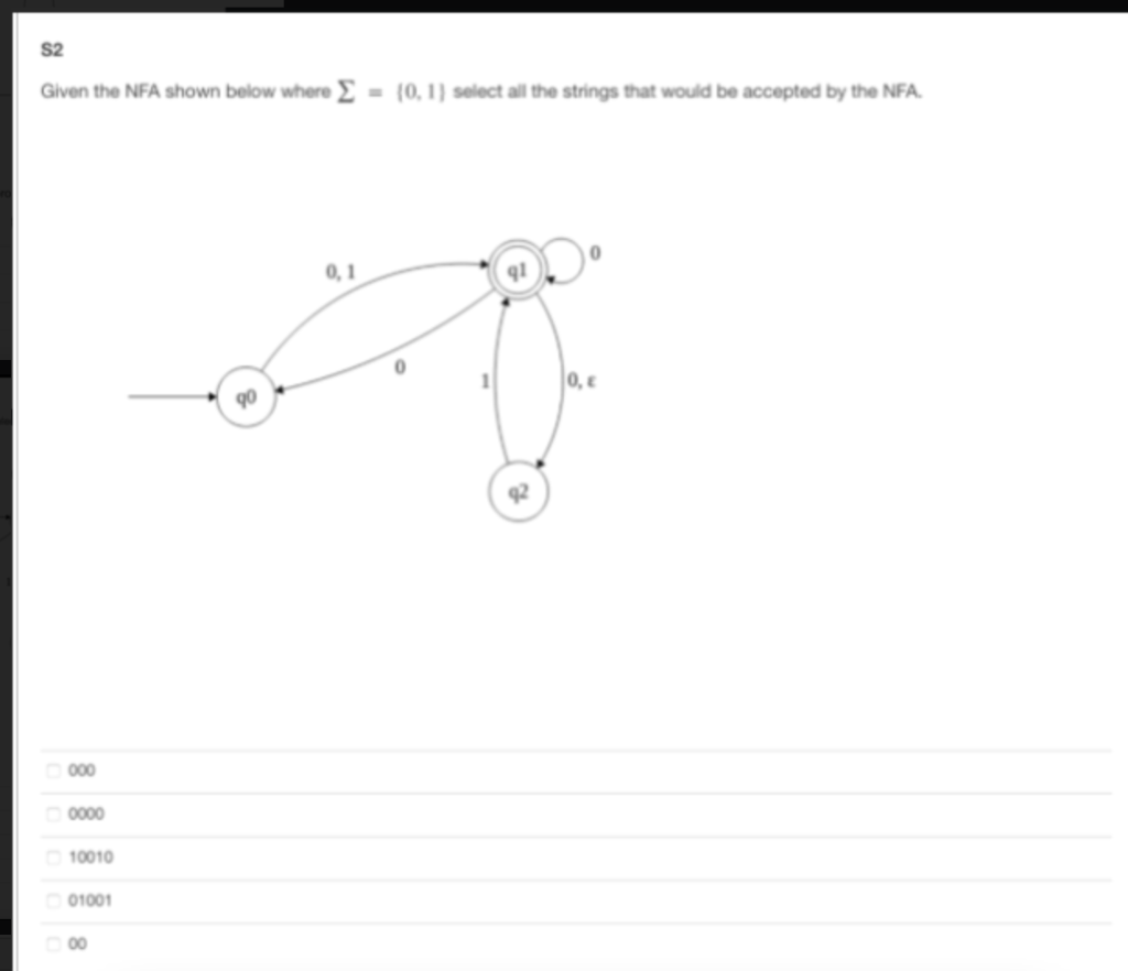Solved S2 Given the NFA shown below where = {0,1) select all | Chegg.com