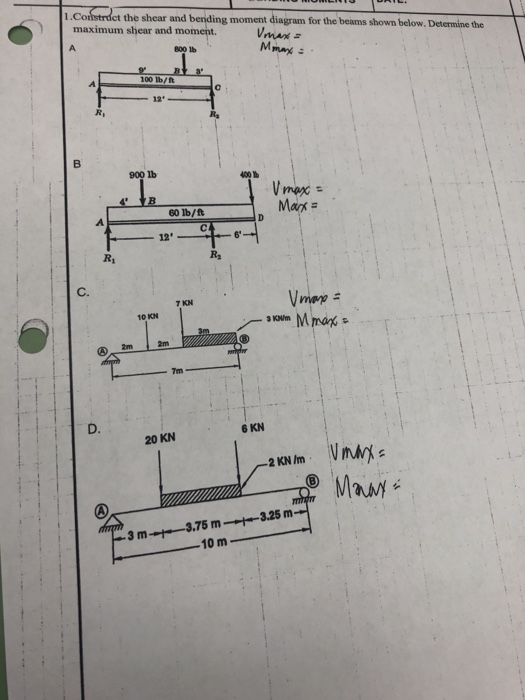 Solved 1.Constrodct maximum shear and moment.Vmax the shear | Chegg.com